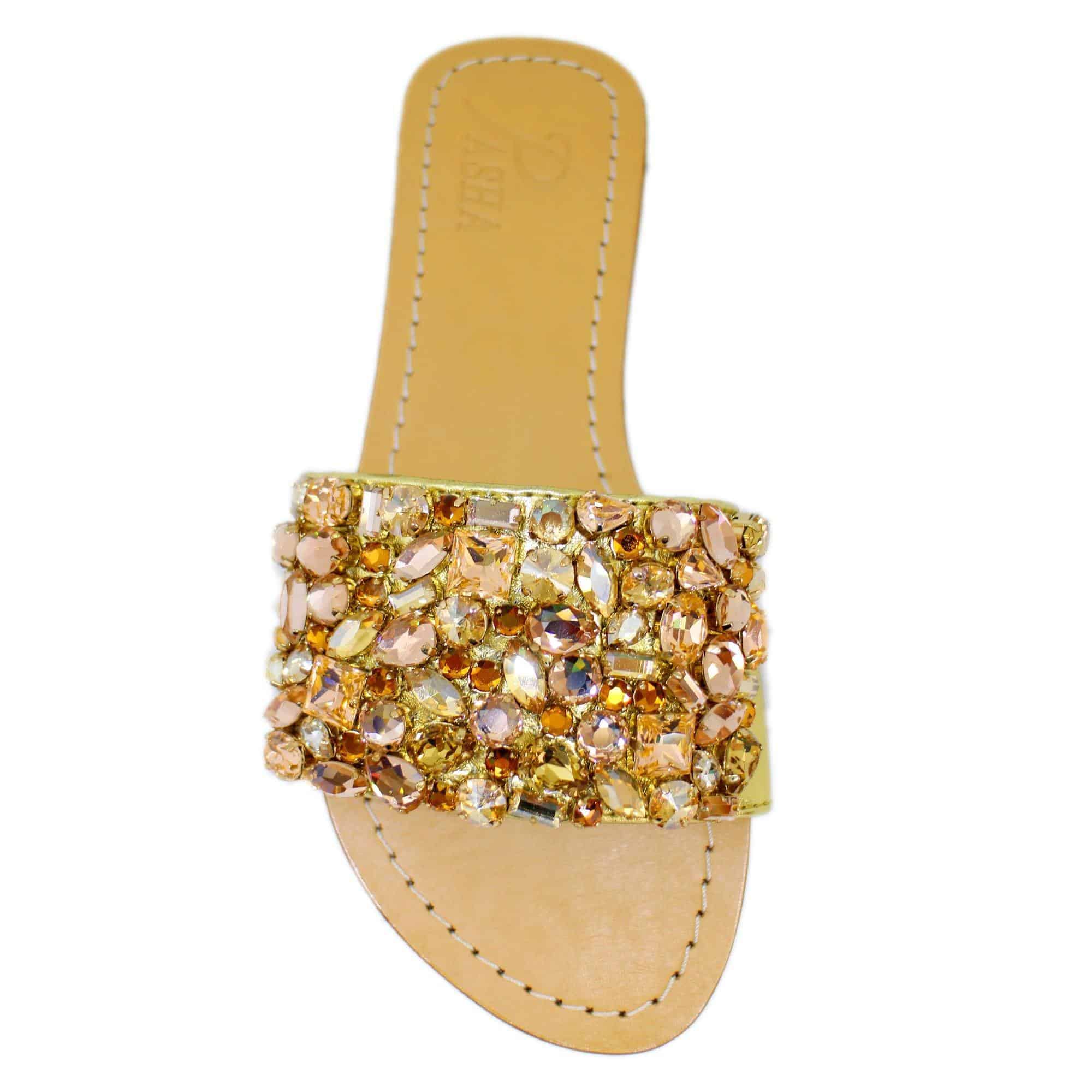 Gold Jeweled Leather Sandal Slides | Pasha