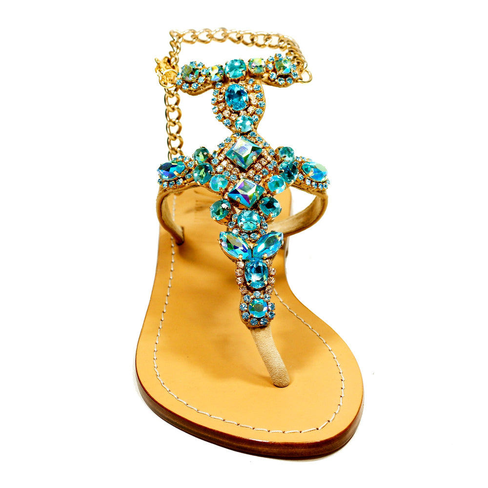 Turquoise Rhinestone Flat Leather Sandals | Pasha Sandals